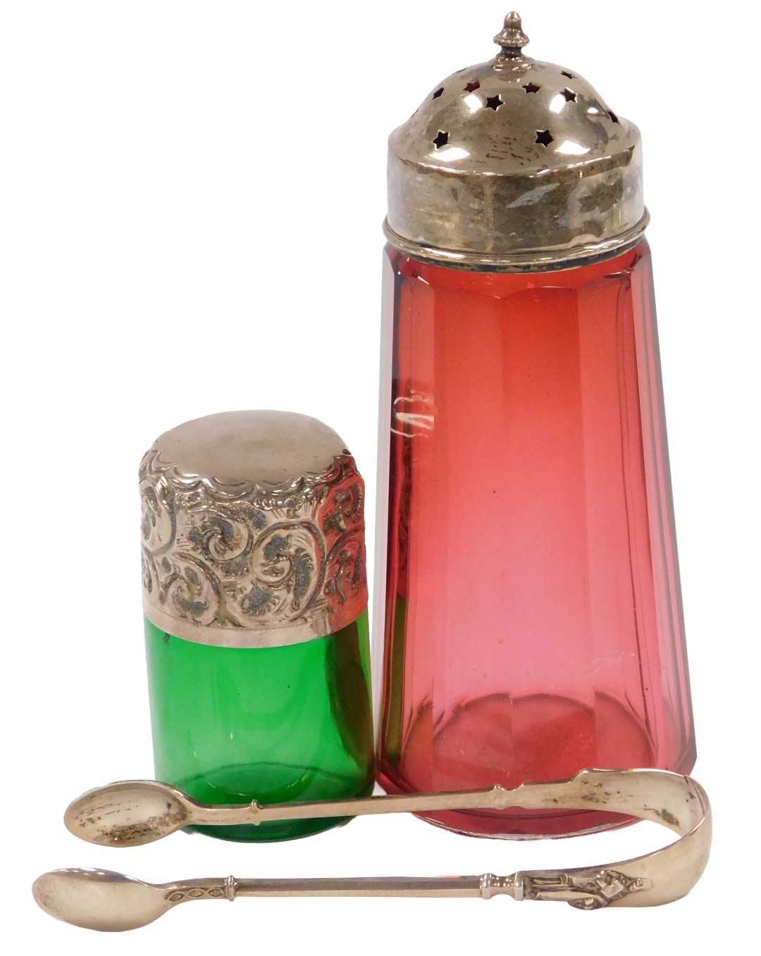 Lot 112 - A Edward VII cranberry glass sugar sifter,